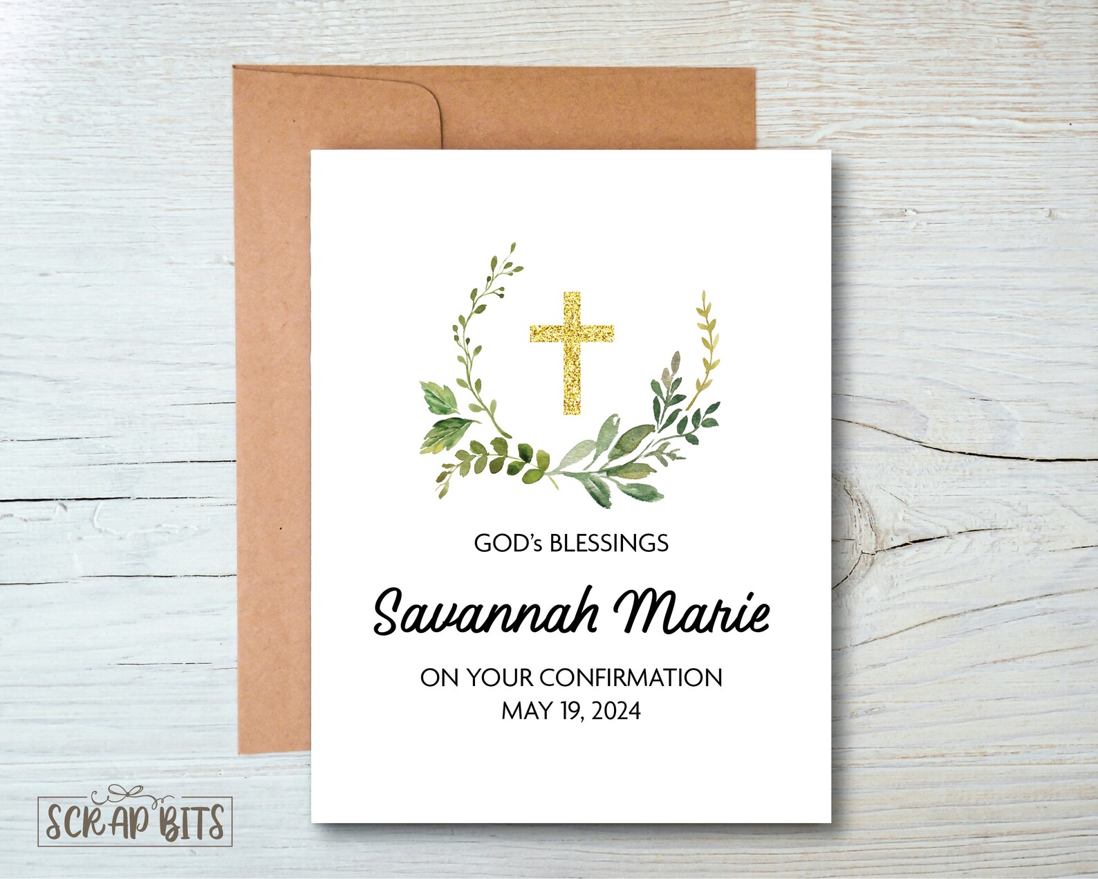 Personalized Confirmation Card, Greenery Wreath, Gold Cross ...