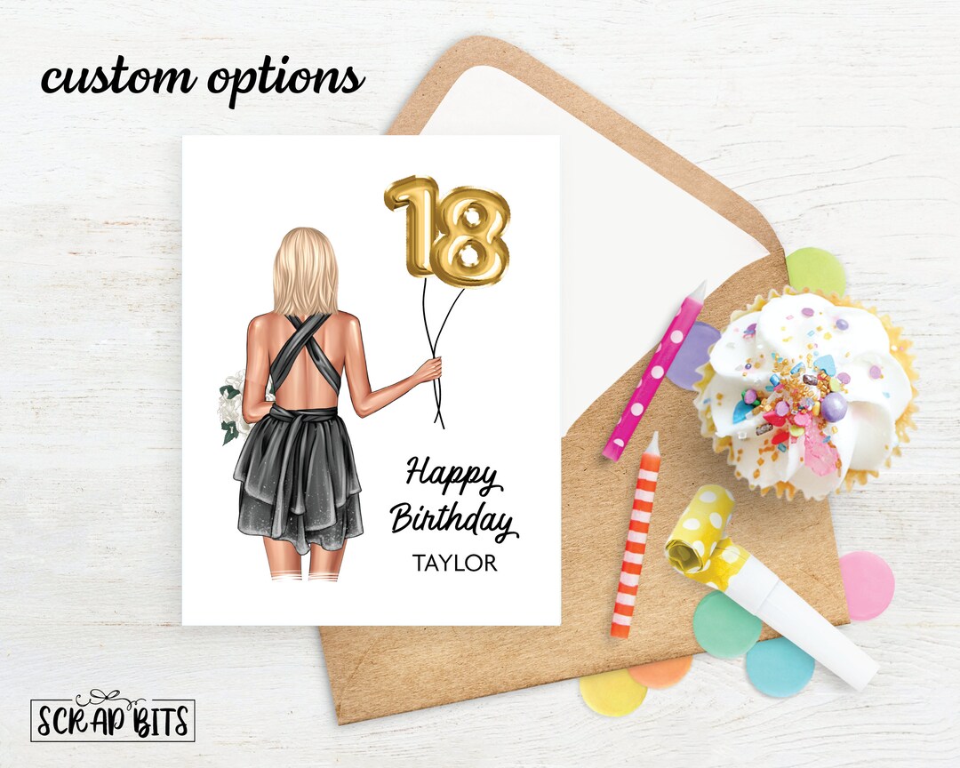 18th Birthday Portrait Card, Foil Balloons, Personalized Birthday Girl ...