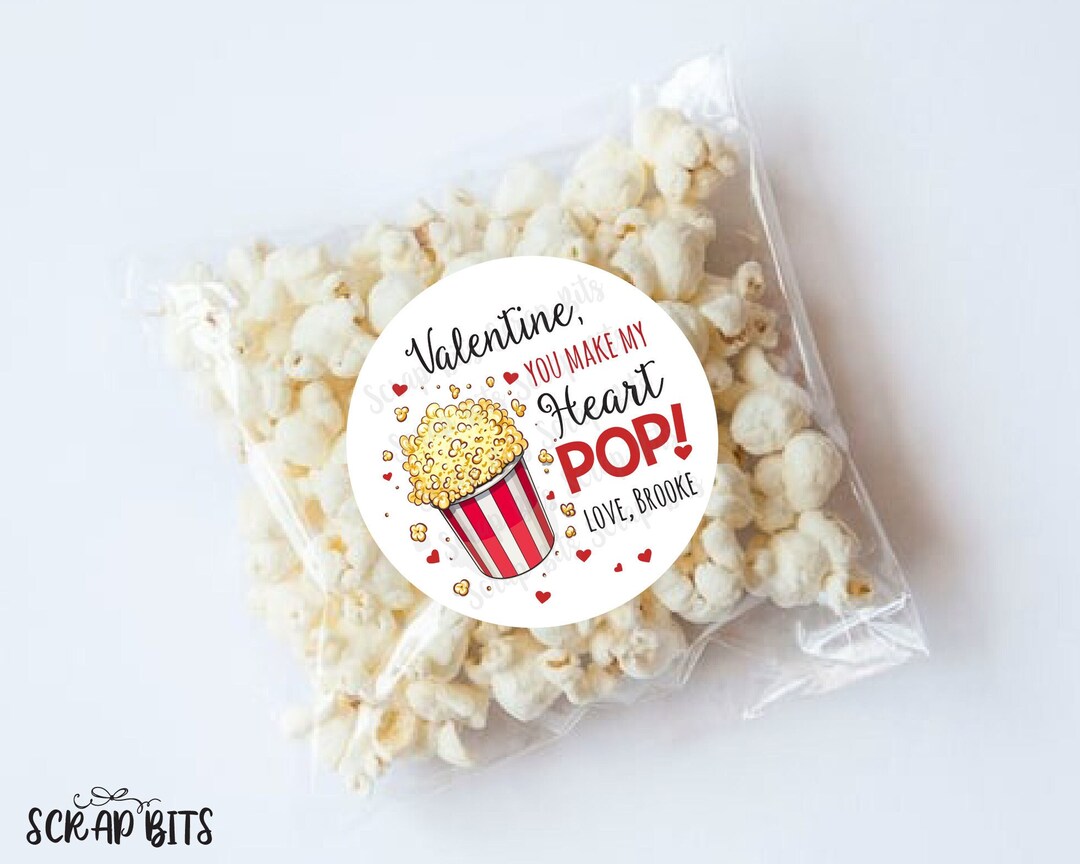 Valentine Popcorn Stickers & Bags, You Make My Heart Pop, Classroom ...