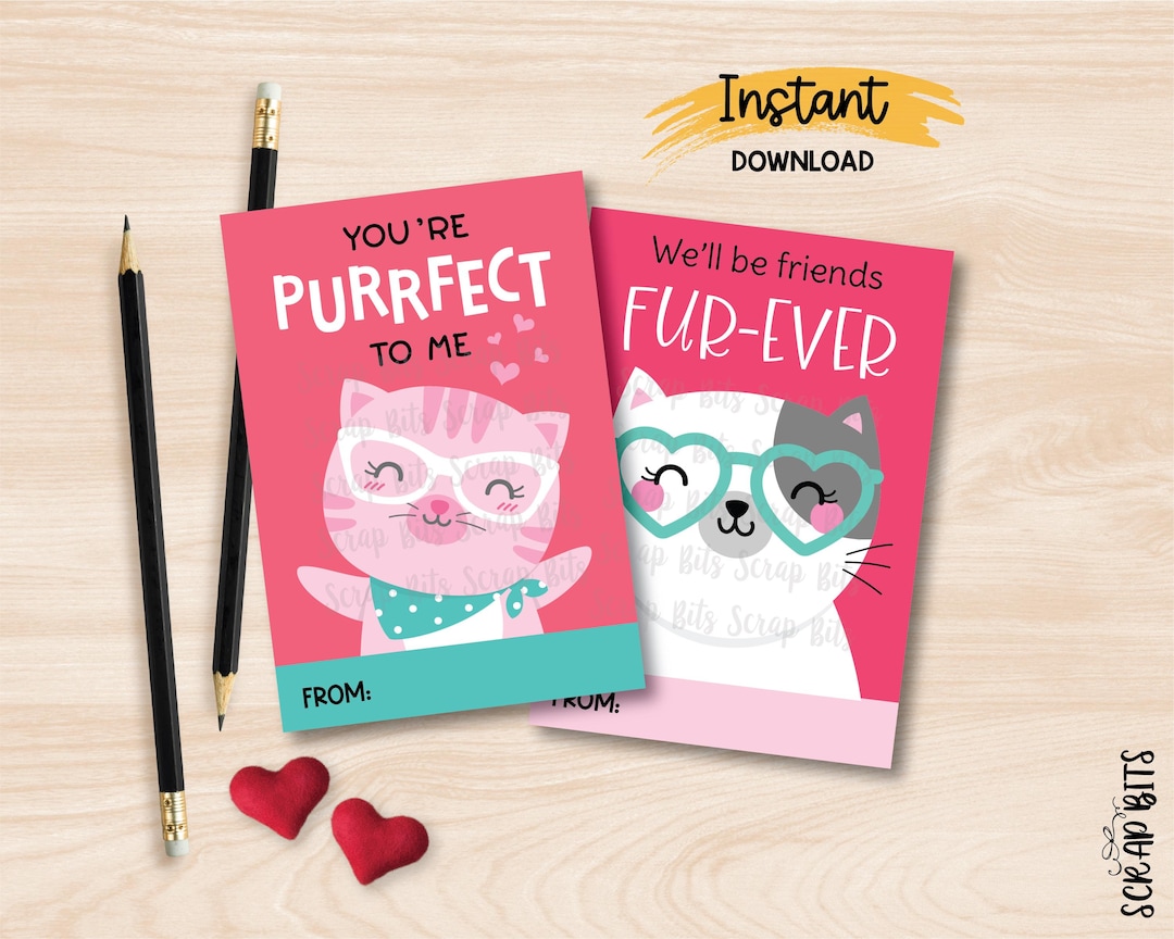 Printable Cat Valentine Exchange Cards, Purrfect Kitten, Friends Fur ...