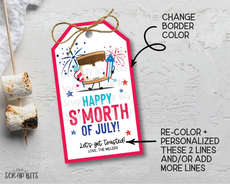 EDITABLE Smore Tags, Happy S'morth of July, Printable Tags for 4th of ...
