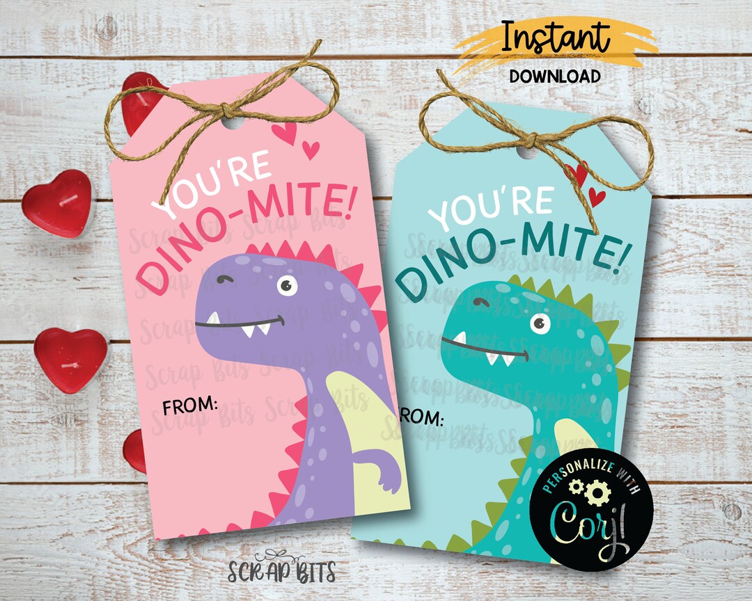 Dinosaur Valentine Tags, You're Dino-mite, Printable Valentine's Day ...