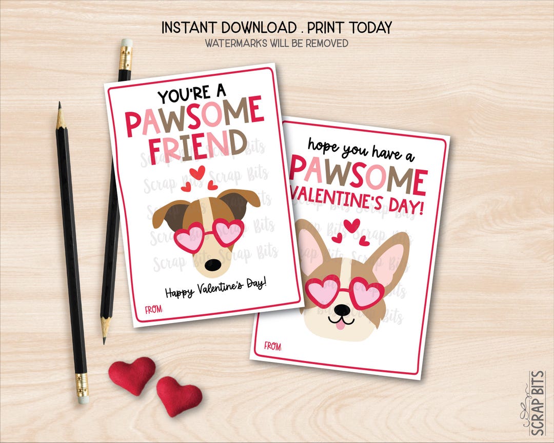 Printable Dog Valentine Exchange Cards, Pawsome Friend Puppy Dogs, Kids ...