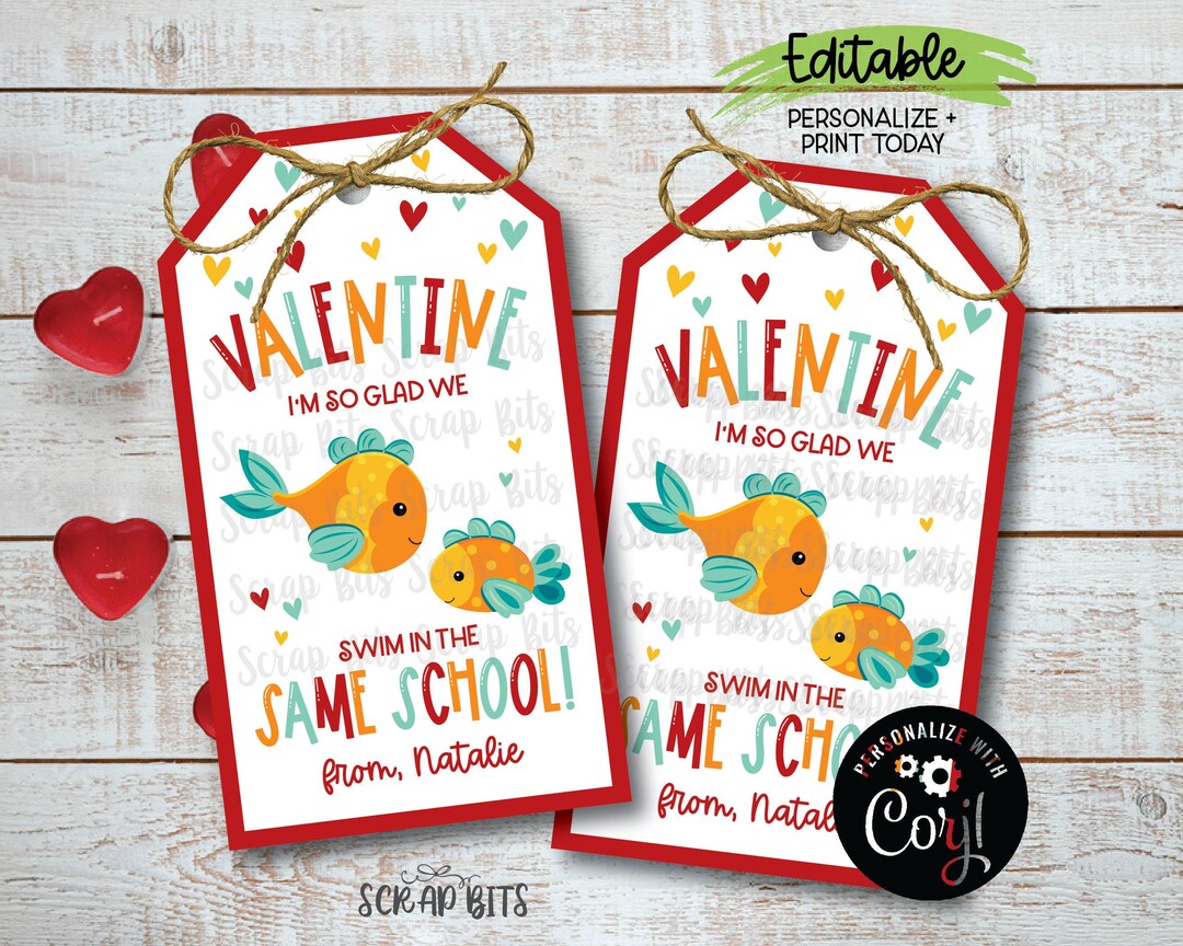 EDITABLE Valentine's Day Tags, Valentine Goldfish Tags, so Glad We Swim ...