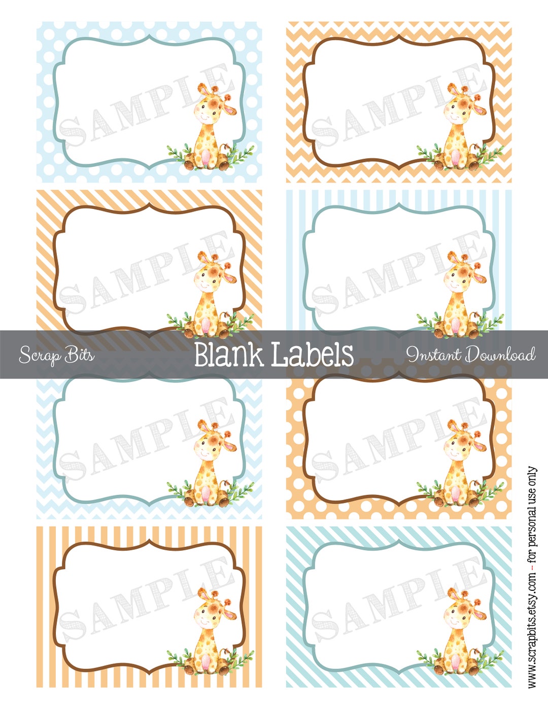 Giraffe Food Labels, Printable Giraffe Labels, Blue Flat Blank Favor ...