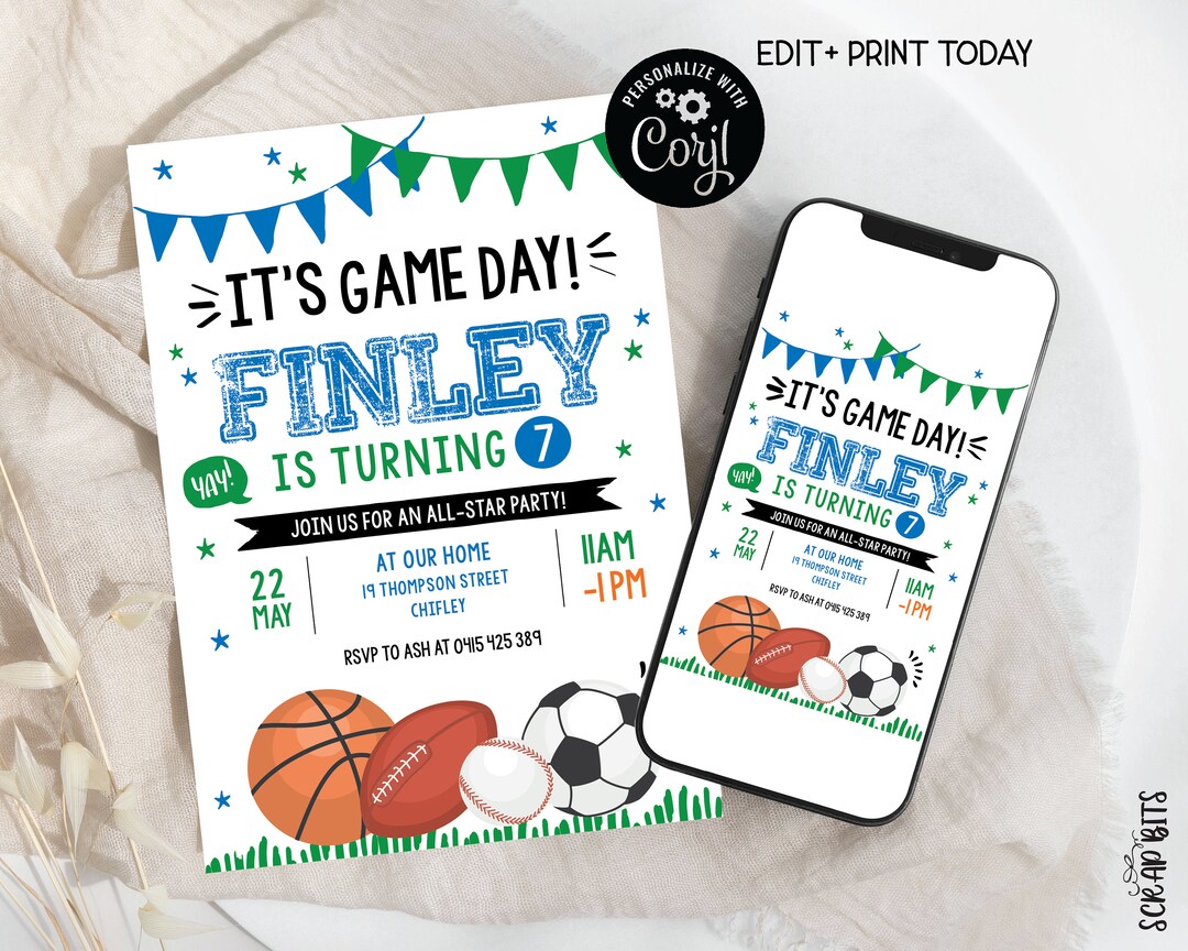 EDITABLE Sports Birthday Invitation, It's Game Day, Blue & Green ...