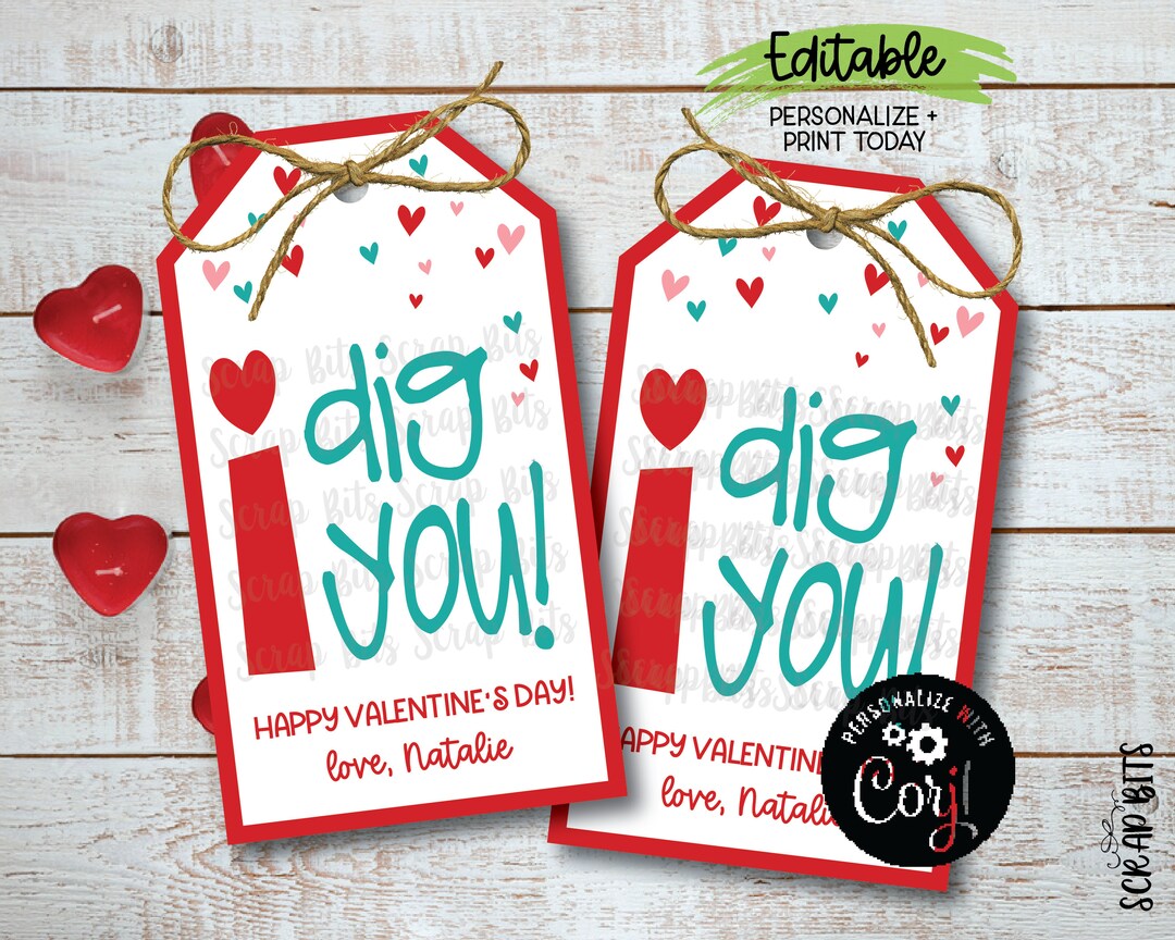 EDITABLE Valentine's Day Tags, I Dig You Tags, Red & Aqua, Printable ...