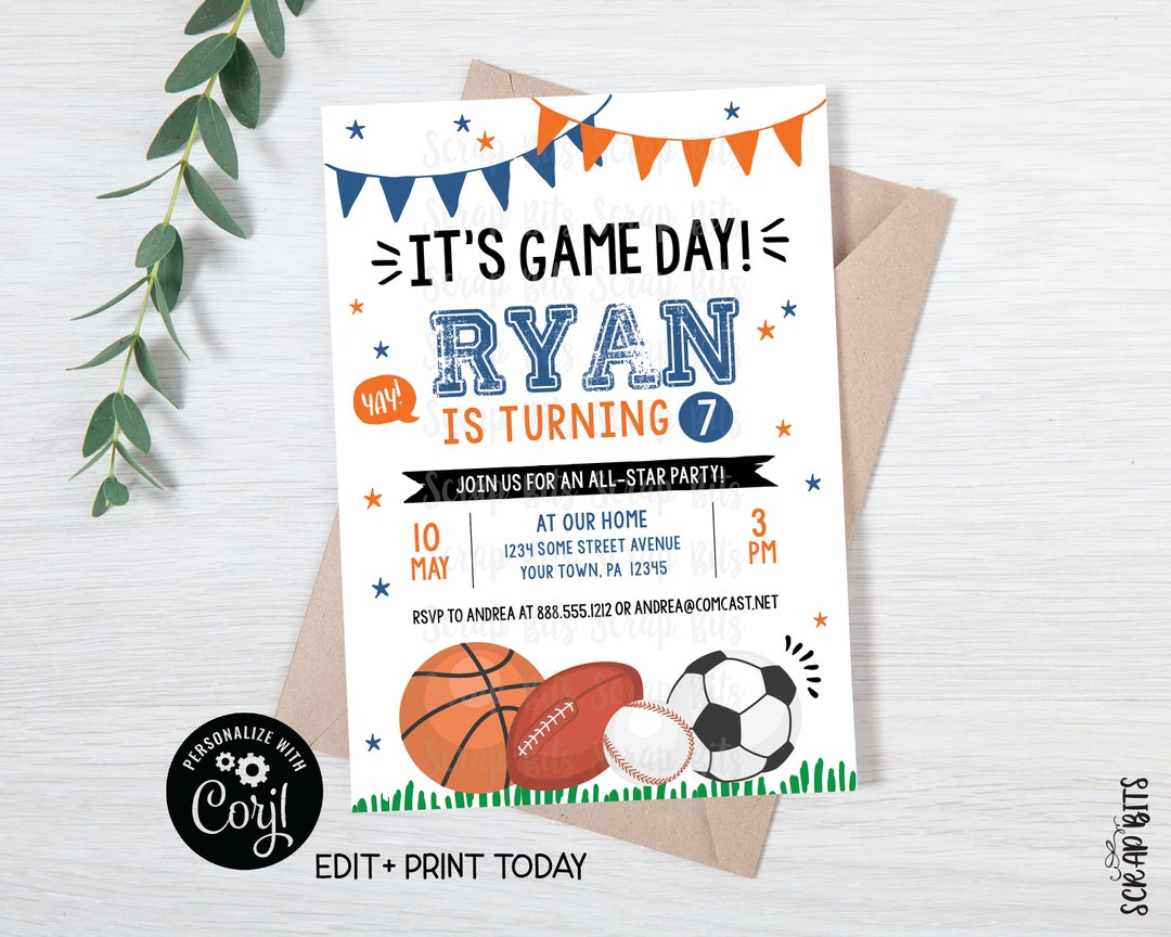 EDITABLE Sports Birthday Invitation, It's Game Day, Blue & Orange ...