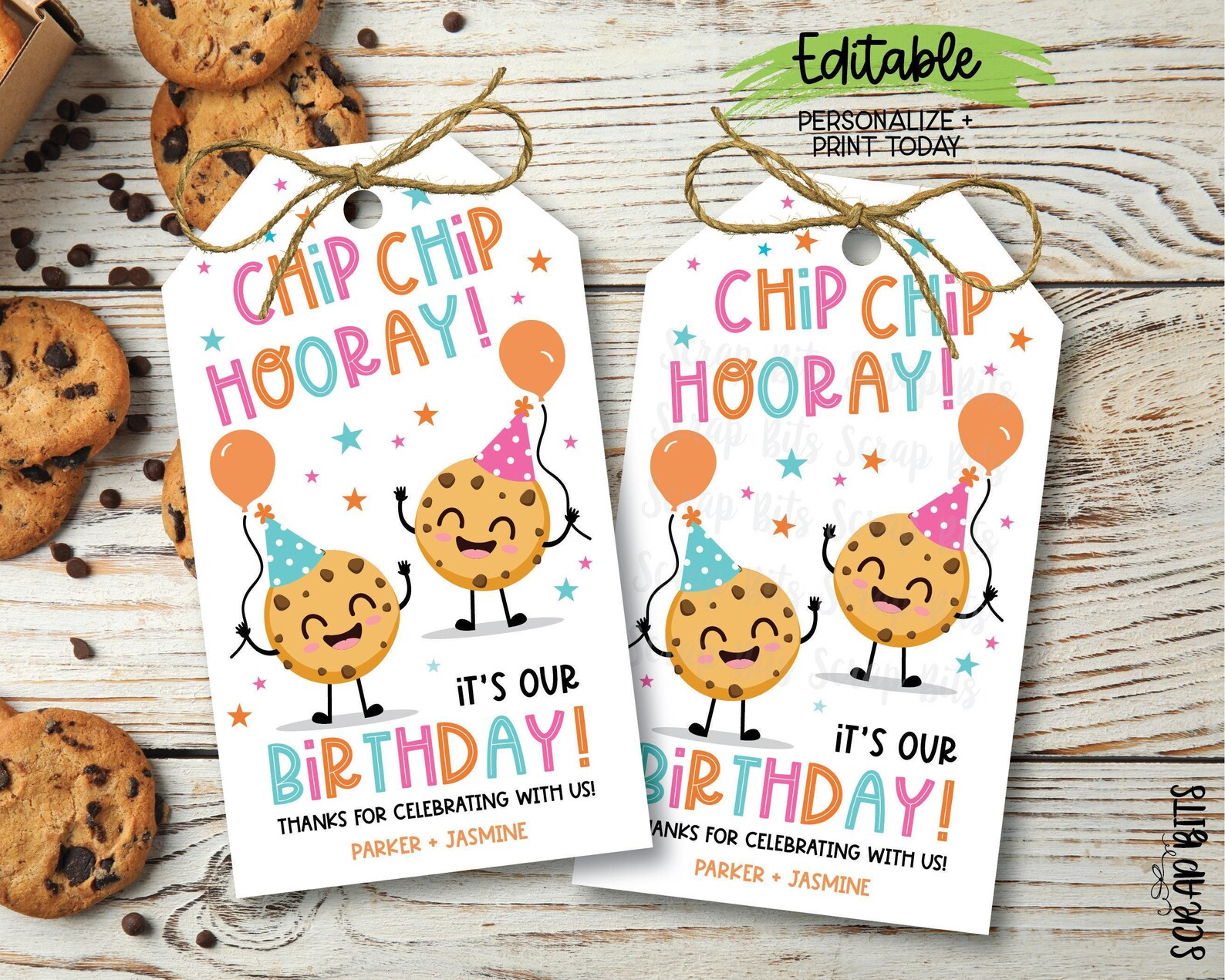 EDITABLE Birthday Cookie Tags, Chip Chip Hooray Birthday Tags, Pink ...