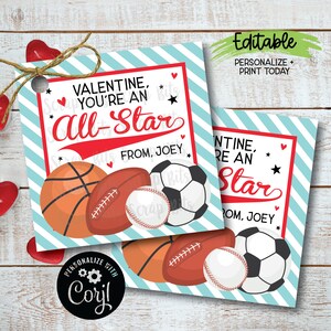 EDITABLE Valentine Tags, Printable Sports Valentine Tags, You're an All ...