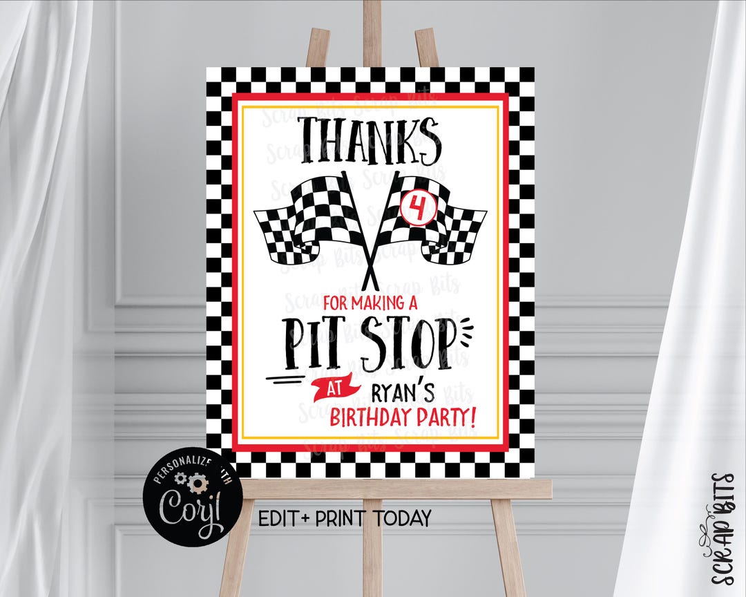 EDITABLE Racing Party Sign, Personalized Pit Stop Racing Flags ...
