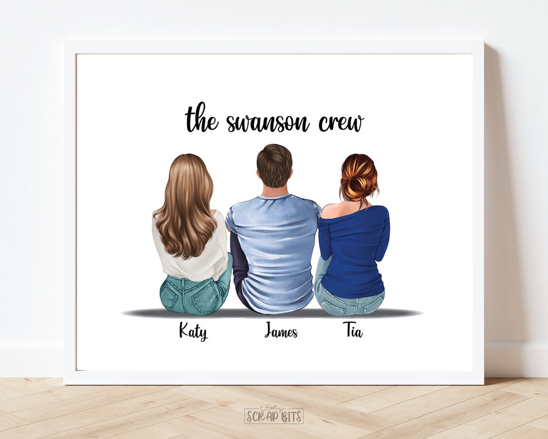 Sitting Siblings Trio Portrait Print, Custom Gift for Best Friends ...