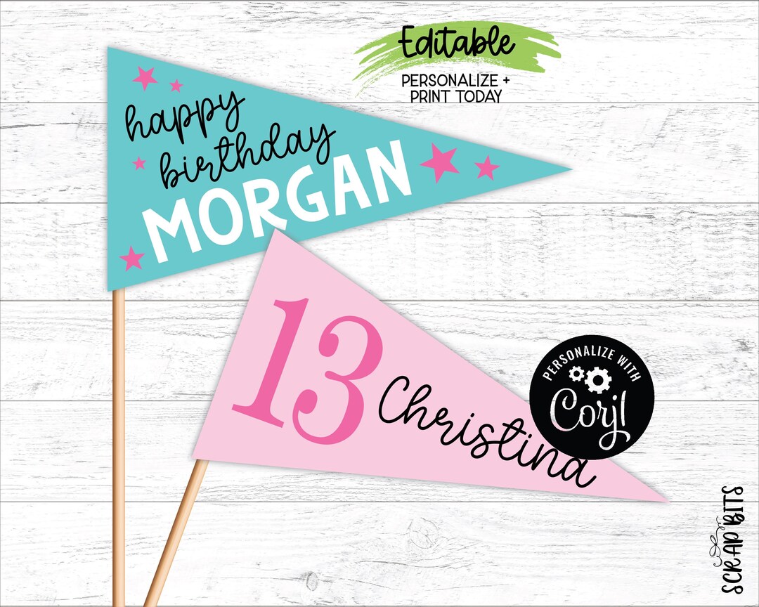 EDITABLE Birthday Pennant Flags, Name + Age Personalized Printable ...