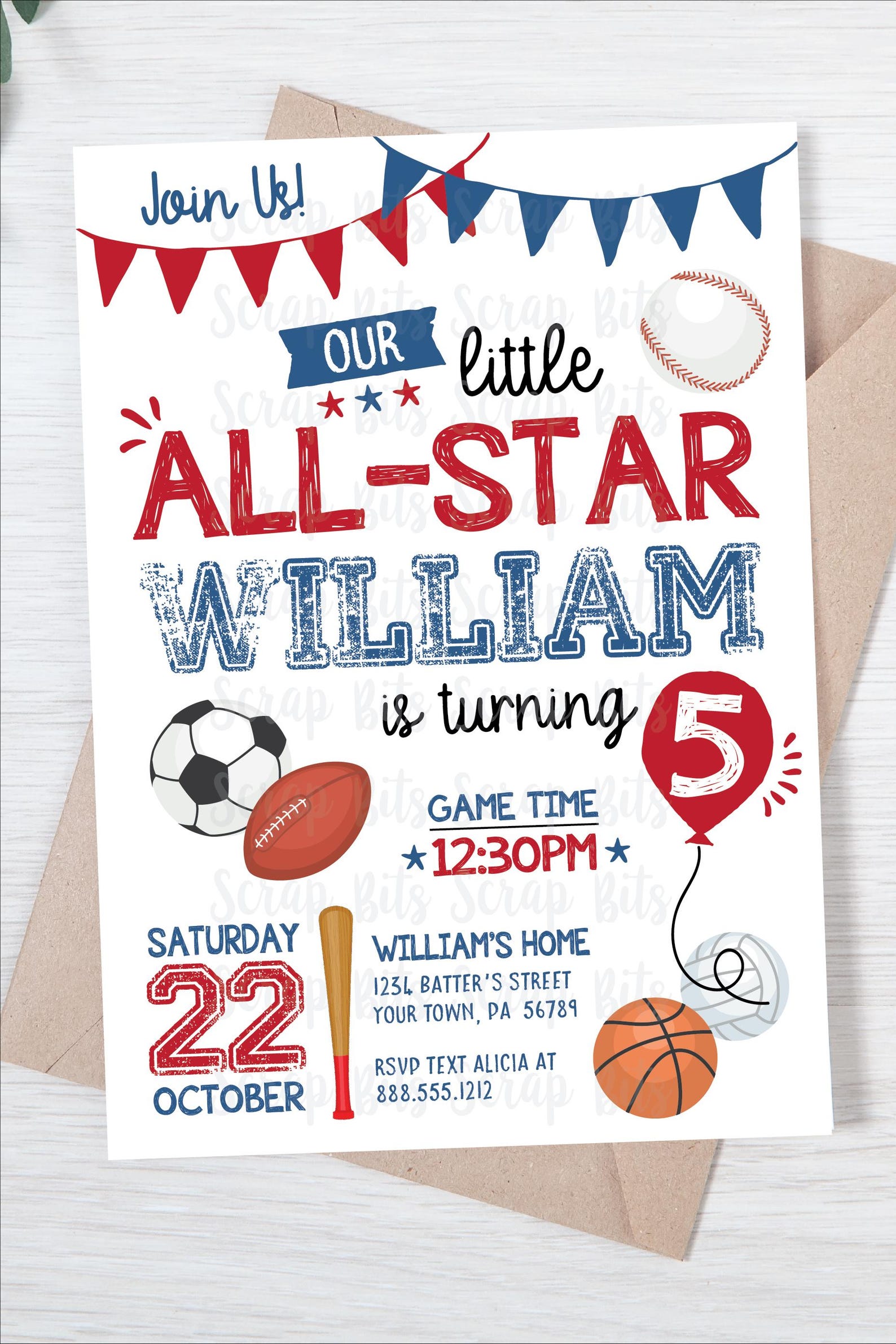 EDITABLE Sports Birthday Invitation, Our Little All Star, Red & Blue ...