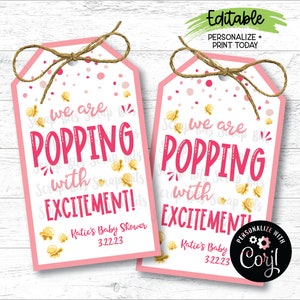 EDITABLE Popcorn Baby Shower Tags, Pink Popping With Excitement ...