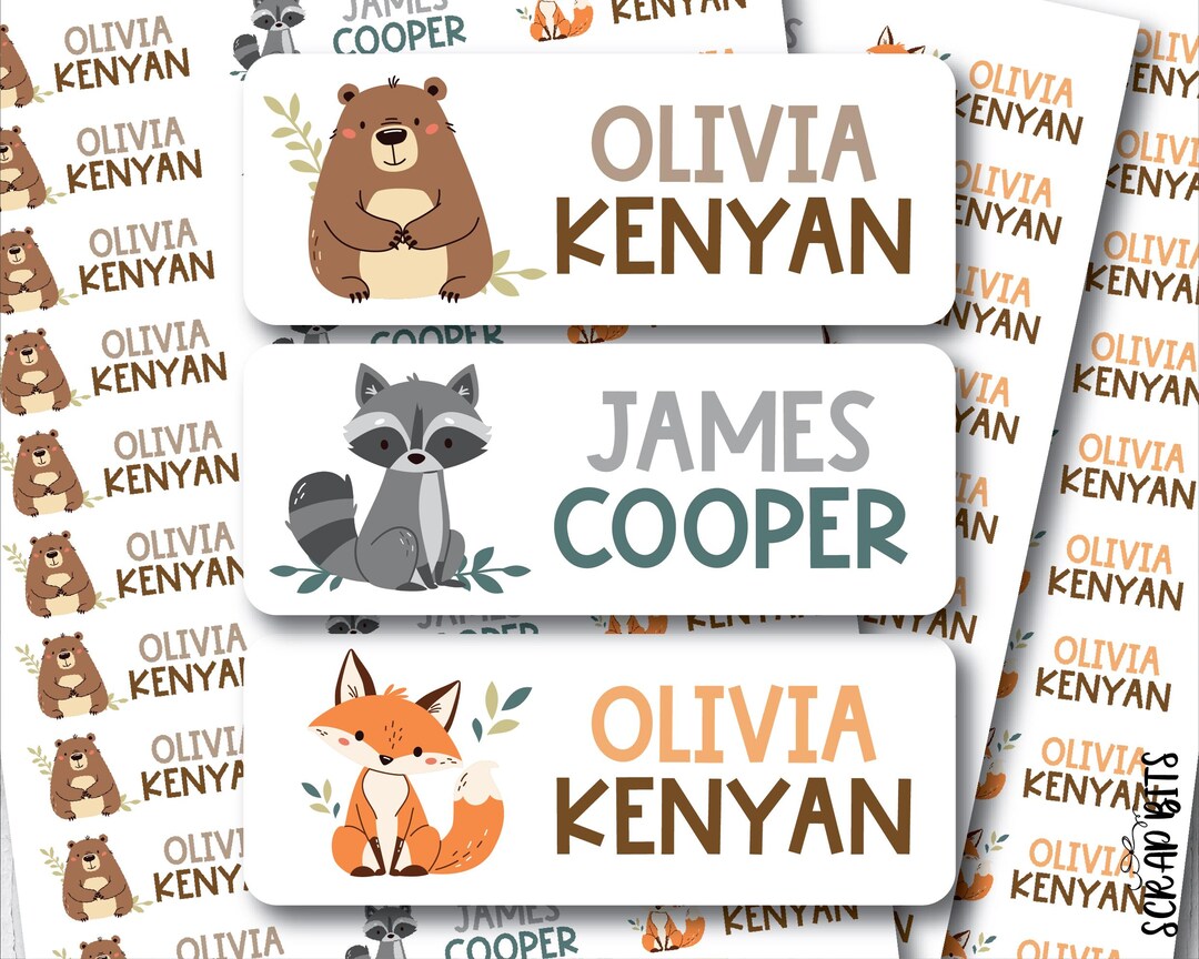 Personalized Name Labels, Cute Woodland Animals, Bear, Raccoon, Fox ...