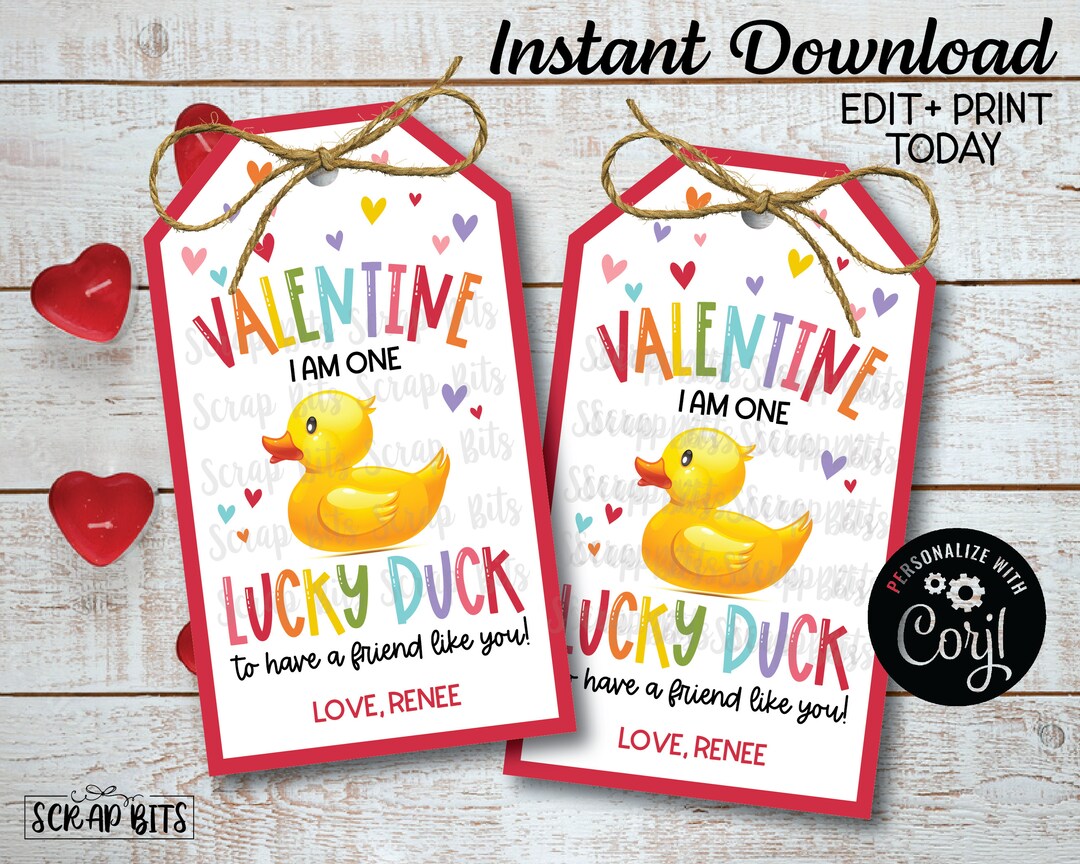 EDITABLE Printable Valentine's Day Tags, Valentine Duck Tags, One Lucky ...