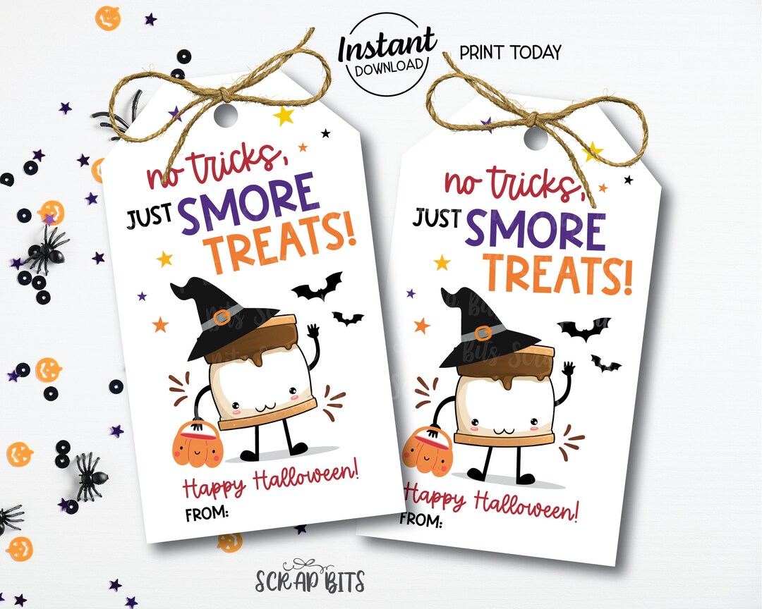 Halloween S'more Tags, No Tricks Just Smore Treats Tags, Printable ...