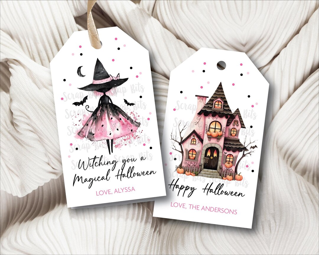 Halloween Favor Tag Set, Whimsical Pink Witch & Haunted House Gift Tags ...