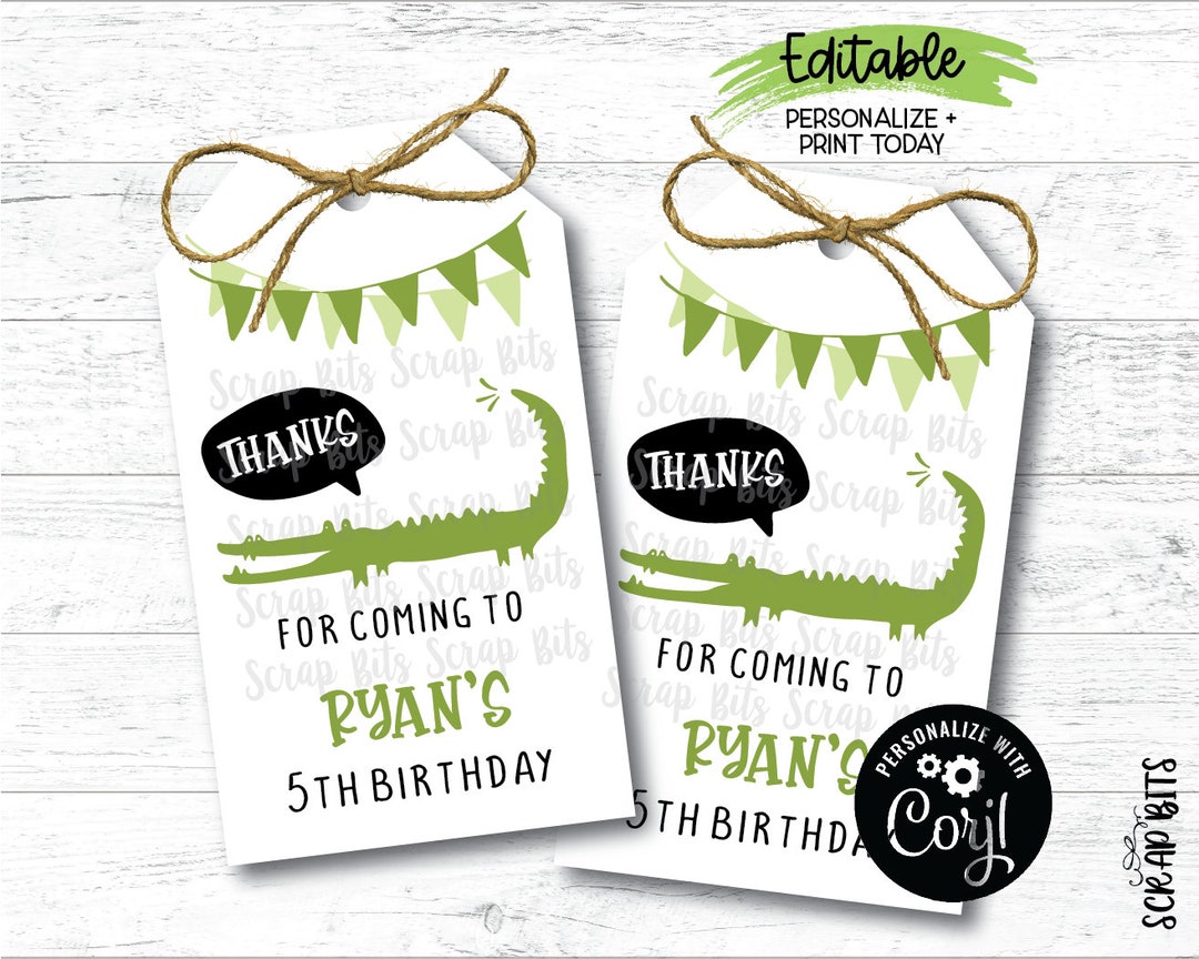 EDITABLE Alligator Birthday Tags, Printable Alligator Thank You Tags ...
