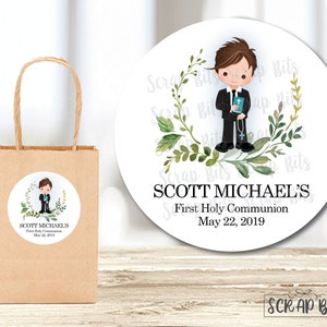 First Communion Stickers . Watercolor Greenery Boy Communion Stickers ...