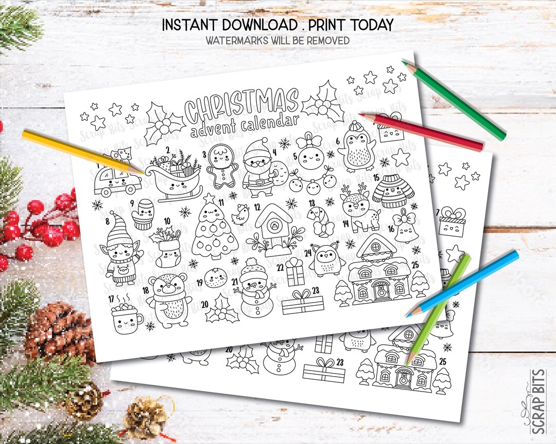 Printable Christmas Advent Calendar, Activity Placemat, Coloring Sheet ...
