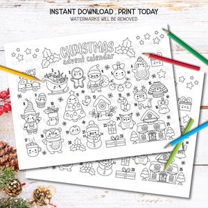 Printable Christmas Advent Calendar, Activity Placemat, Coloring Sheet ...