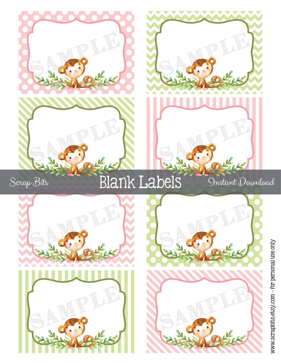 Monkey Food Labels, Printable Monkey Labels, Pink Green Flat Blank ...