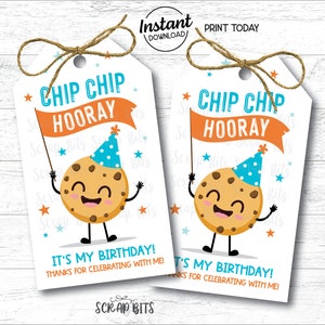 Birthday Chip Chip Hooray Tags, Chocolate Chip Cookie Tags, Printable ...