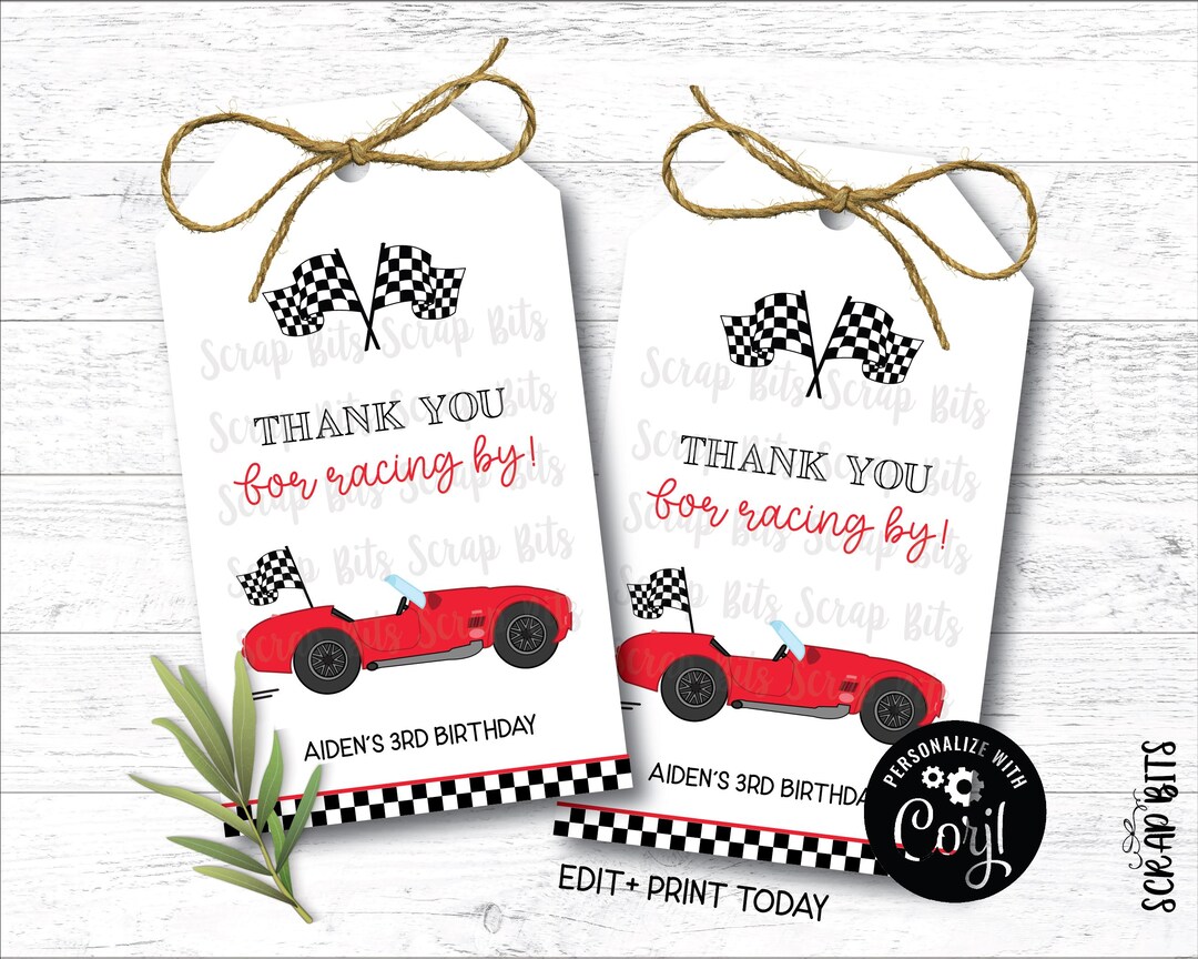 EDITABLE Racing Birthday Tags, Thanks for Racing by Tags, Race Car Tags ...