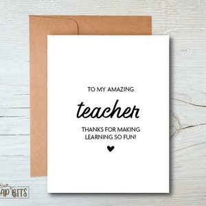 Amazing Teacher Card, Thanks for Making Learning so Fun, Teacher Thank ...