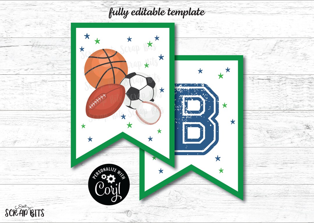 EDITABLE Sports Party Banner, Blue & Green Sports Birthday or Baby ...