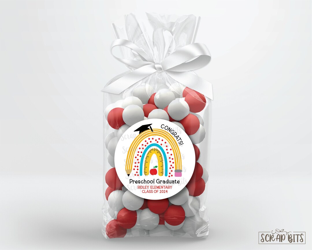 Preschool Graduation Stickers + Treat Bags, Pencil Rainbow Graduate ...