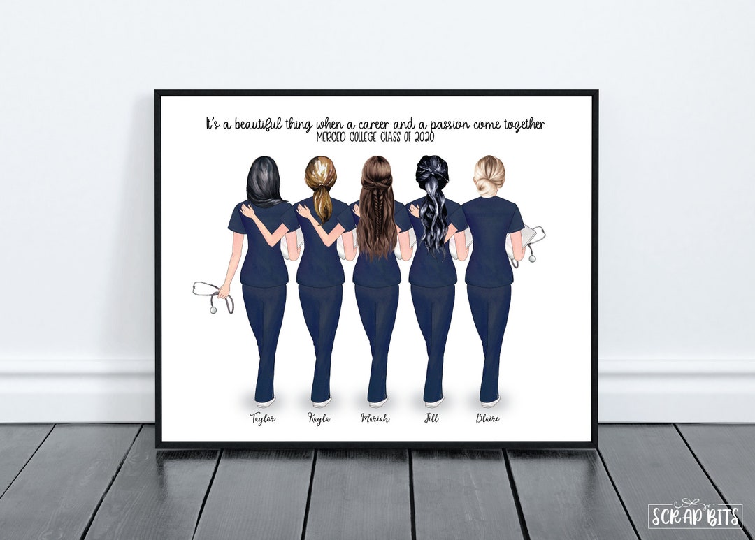Nurse Friends Portrait Print, Custom Gift for Group of Female Medical ...
