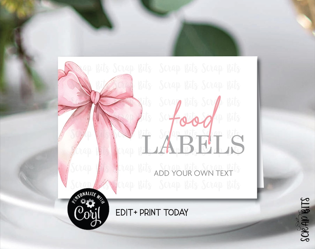 EDITABLE Pink Bow Tent Cards, Watercolor Ribbon Printable Party Food ...