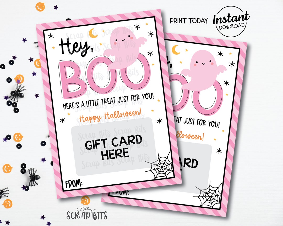 Halloween Gift Card Holder, Printable Hey Boo Card, Pink Halloween ...