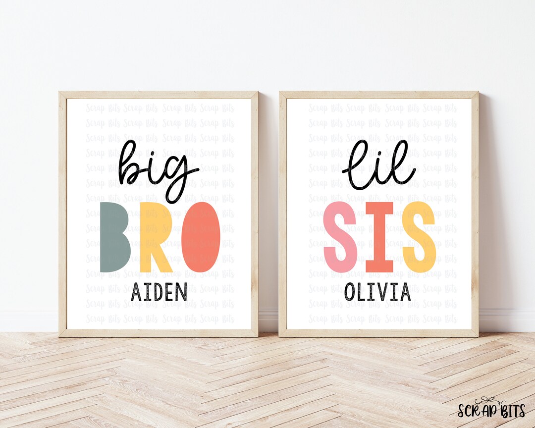 Personalized Big Bro Lil Sis Wall Art Set, Soft Boho Blackout ...