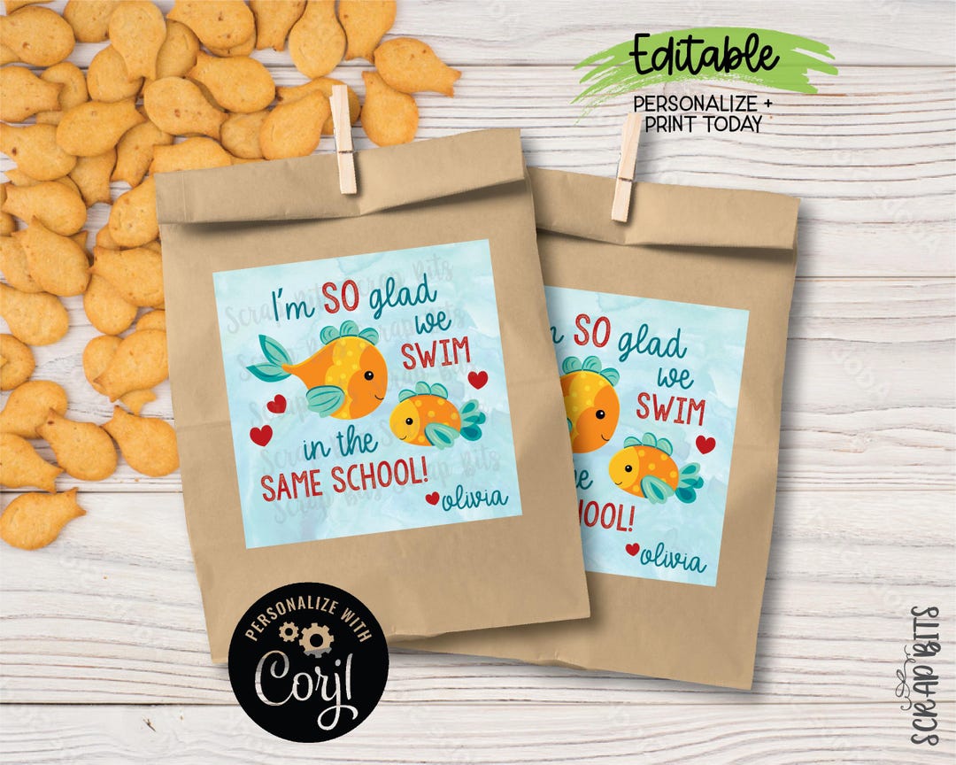 EDITABLE Goldfish Valentine Tags, so Glad We Swim in the Same School ...