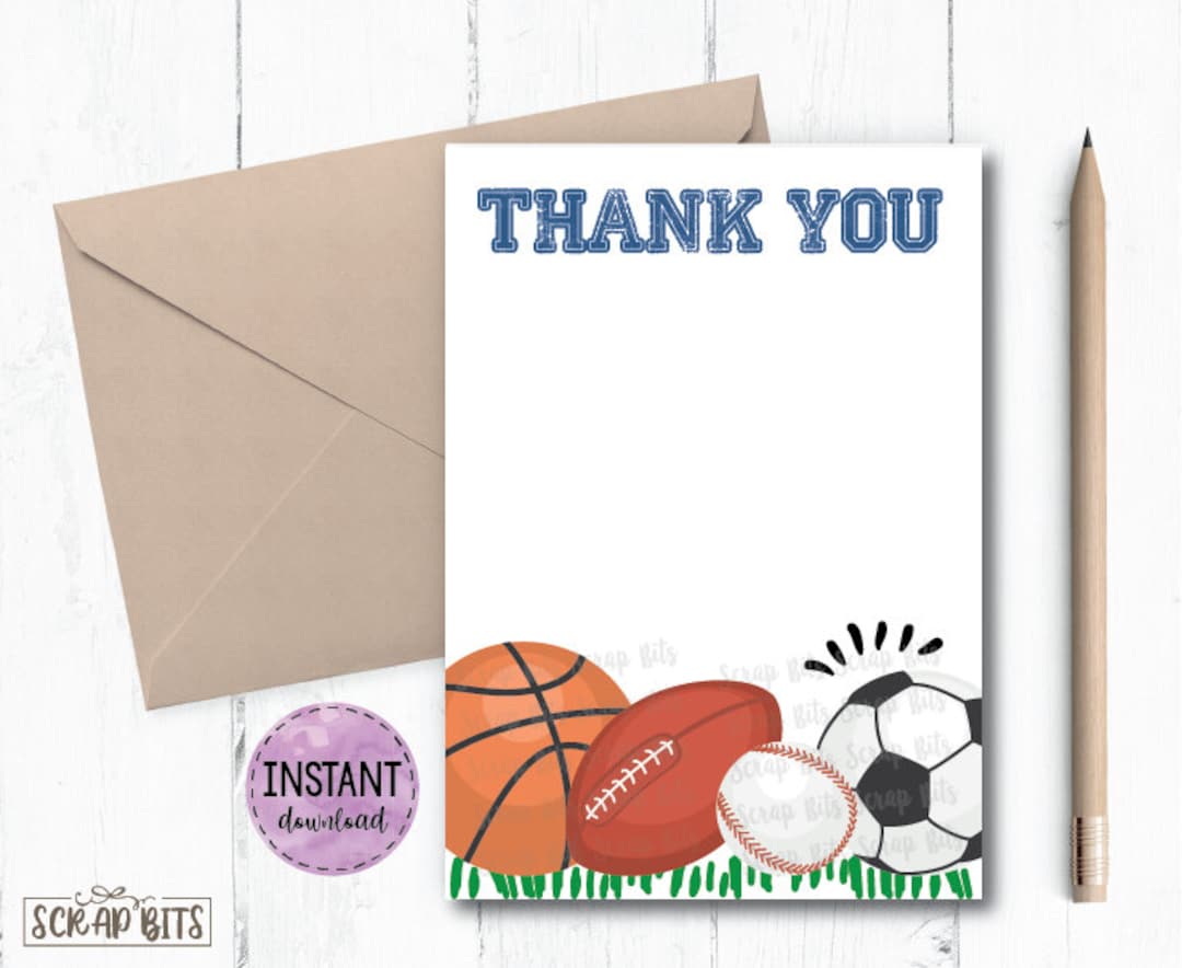 Sports Thank You Cards, Printable Sports Note Cards, Sports Thank You ...