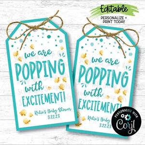 EDITABLE Popcorn Baby Shower Tags, Aqua Popping With Excitement ...