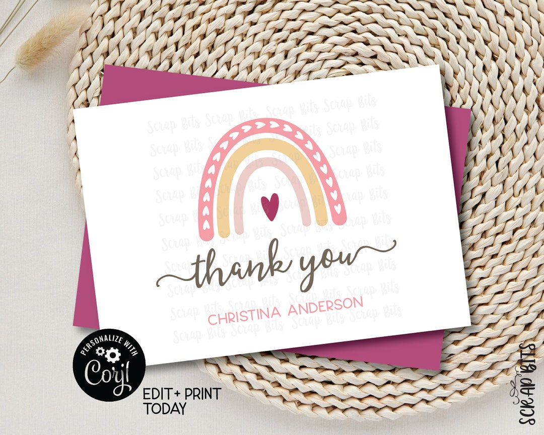 EDITABLE Rainbow Thank You Card, Pink Boho Rainbow, Printable Baby ...