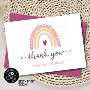 EDITABLE Rainbow Thank You Card, Pink Boho Rainbow, Printable Baby ...