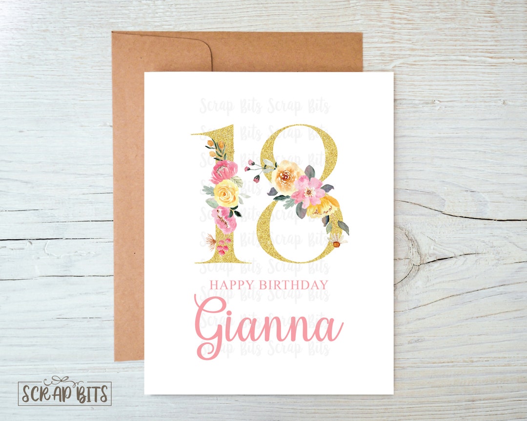 18th Birthday Card, Faux Gold Glitter, Pink & Yellow Roses ...
