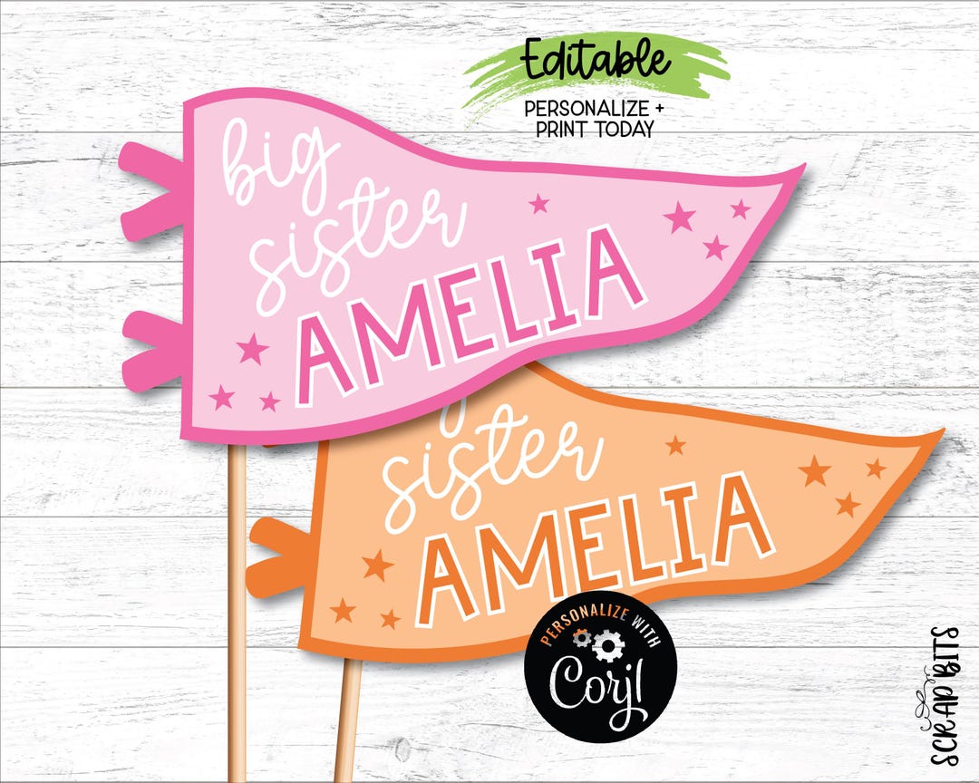EDITABLE Big Sister Pennant Flag, Personalized Gift, Printable Party ...