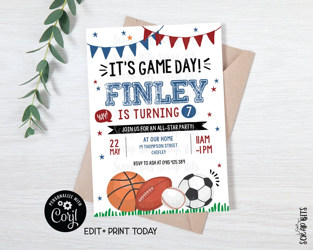 EDITABLE Sports Birthday Invitation, It's Game Day, Blue & Red Sports ...