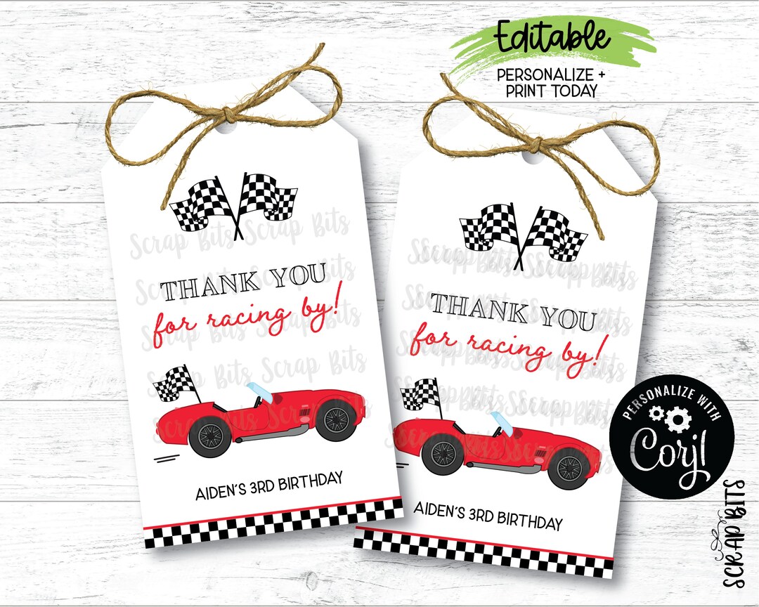 EDITABLE Racing Birthday Tags, Thanks for Racing by Tags, Red Race Car ...
