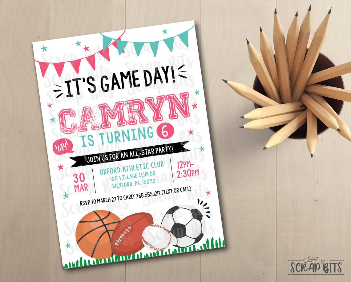 EDITABLE Sports Birthday Invitation, It's Game Day, Blue & Pink Sports ...