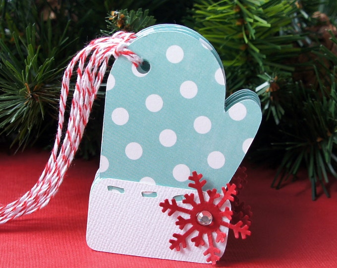 Mitten Christmas Tags With Snowflake qty. 6 . Blue Polka - Etsy