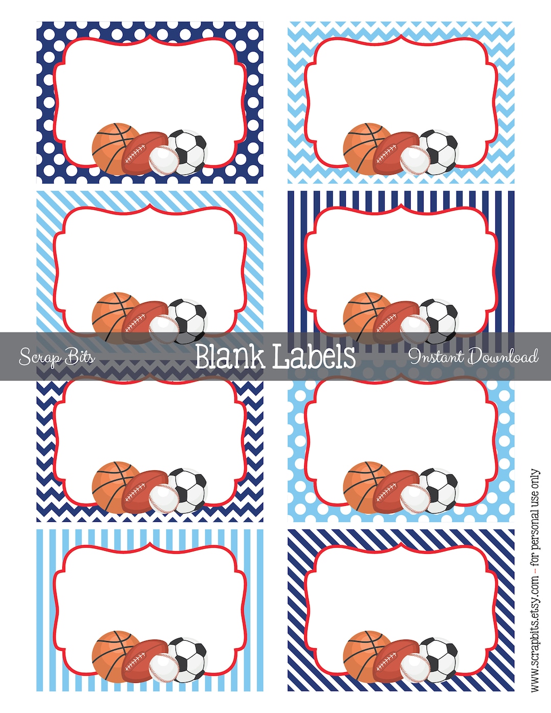 Sports Food Labels, Printable Sports Labels, Blue Flat Blank Favor Tags ...