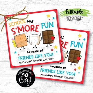 EDITABLE Smores Tags. School Was Smore Fun, Last Day of School Tags ...